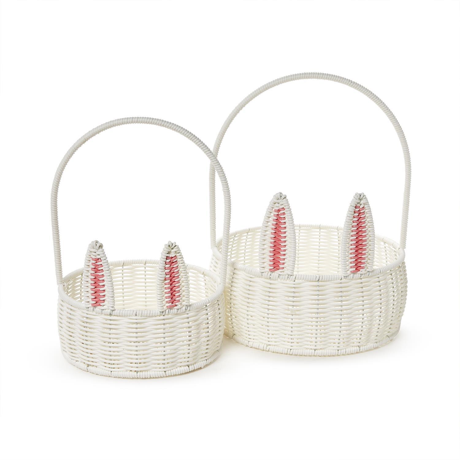 Set of 2 Hand-Woven Faux Wicker Easter Bunny Baskets with Pom-Pom Tail ...