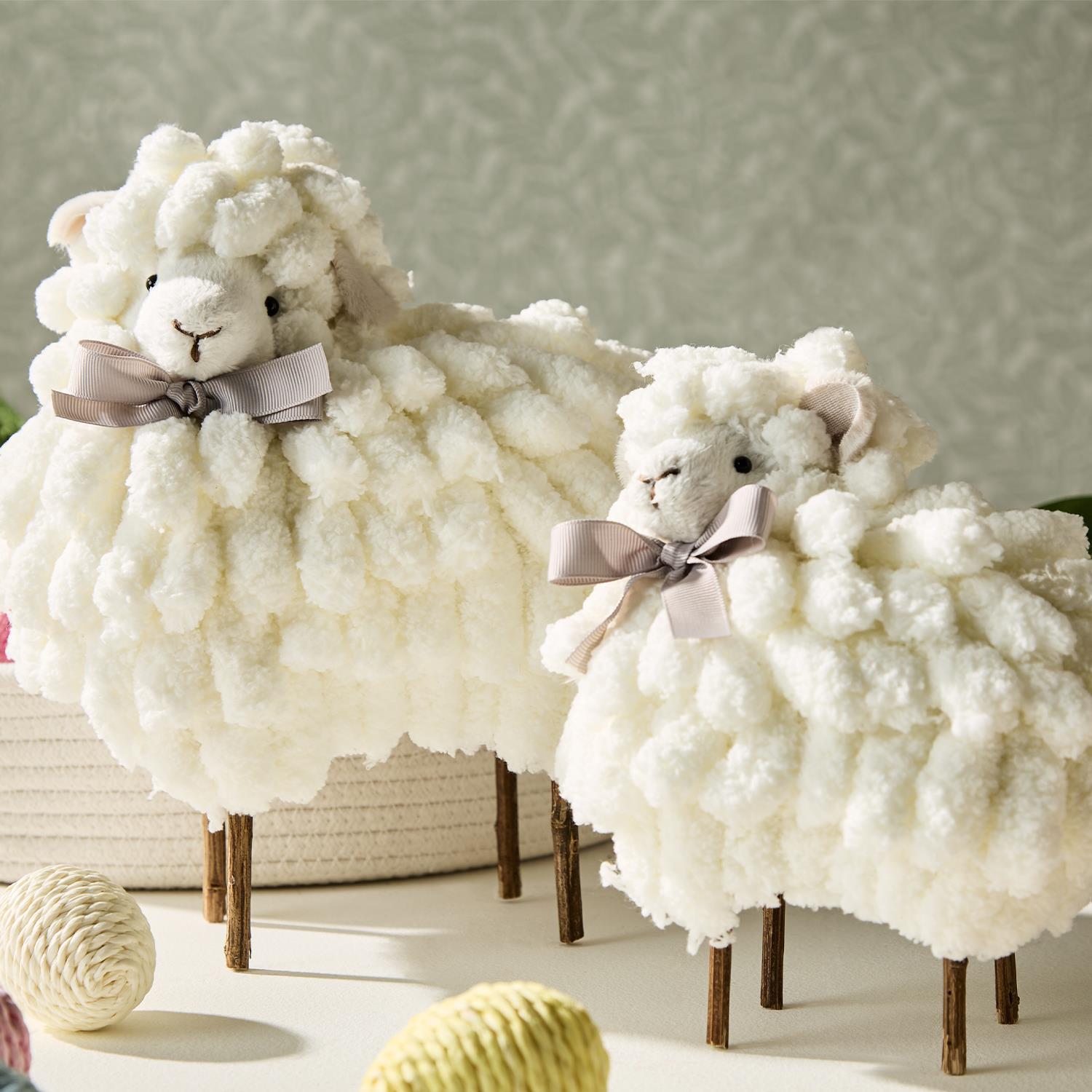 Flock of Plush Chenille Sheep Set of 4 Hand-Crafted Easter Décor with ...