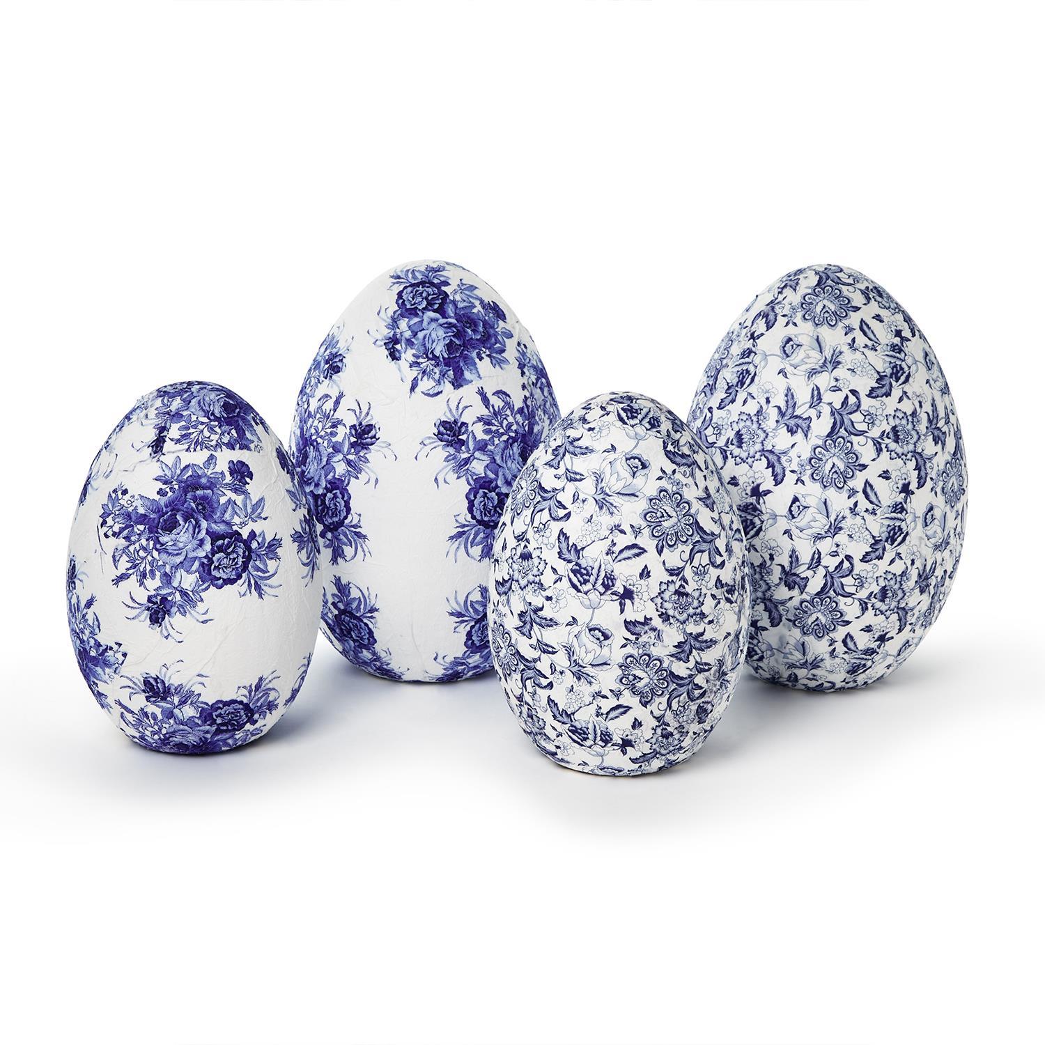 Set of 4 Blue and White Hand-Crafted Paper Mache Eggs Includes 2 Sizes ...