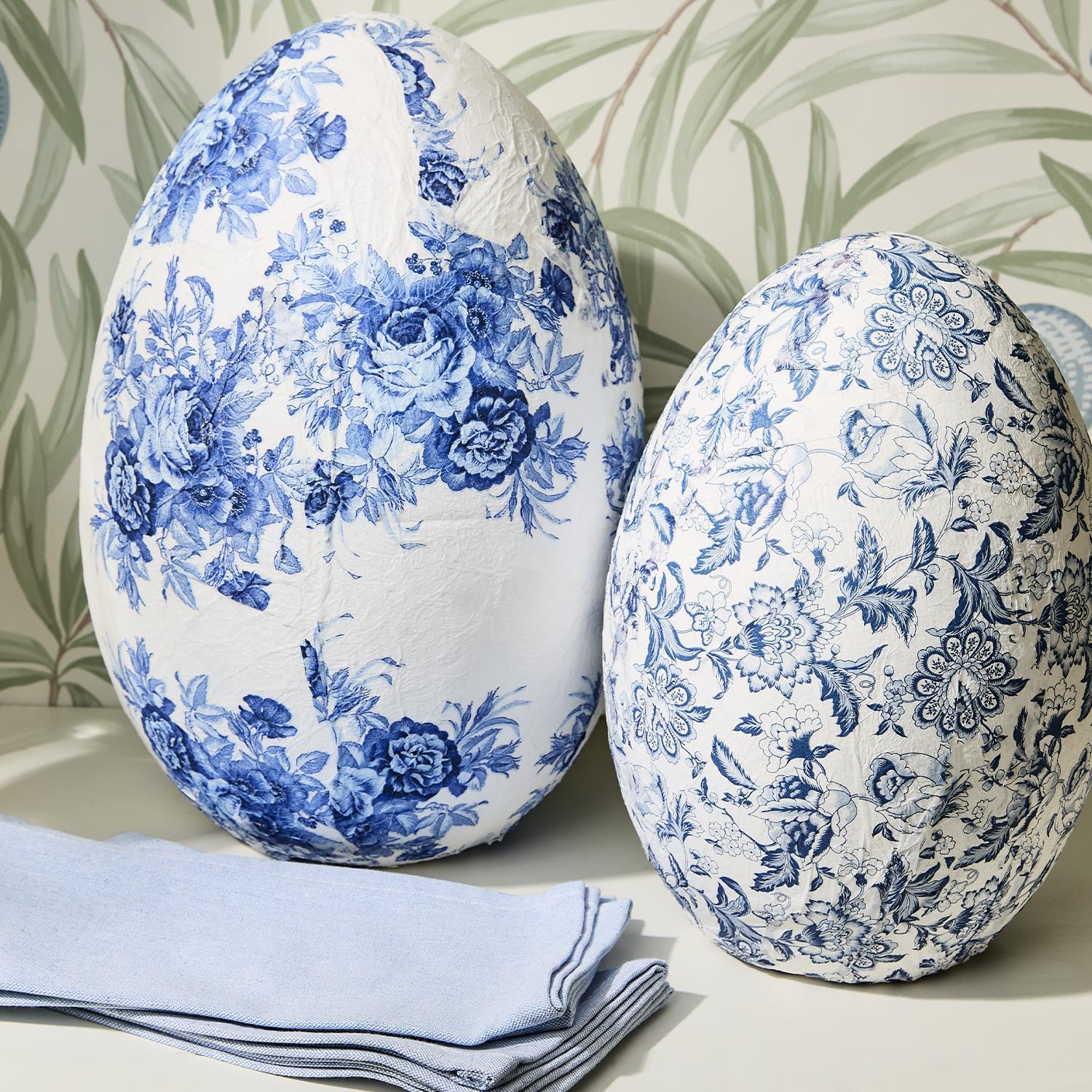 Set of 4 Blue and White Hand-Crafted Paper Mache Eggs Includes 2 Sizes ...