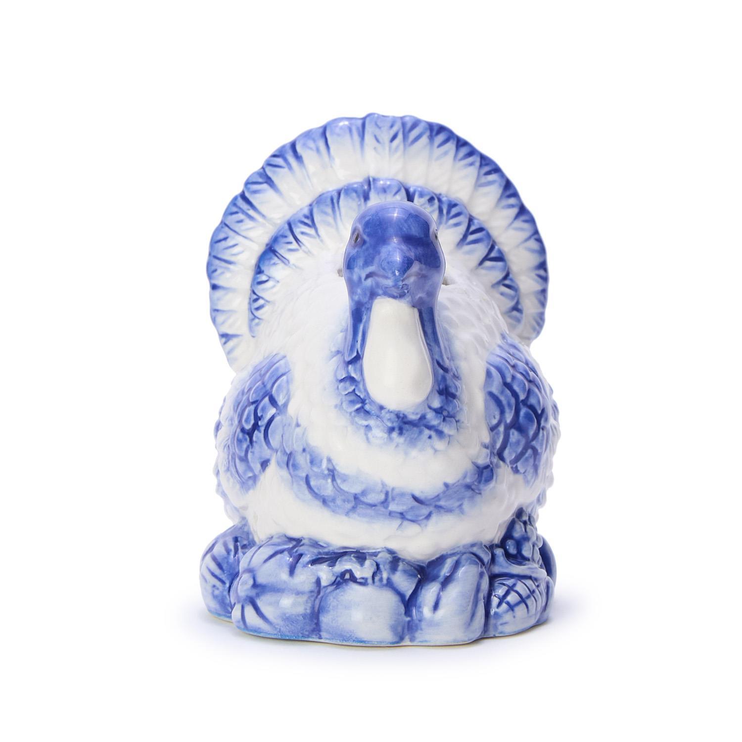 Set of 2 Blue and White Hand-Painted Turkey Candleholders