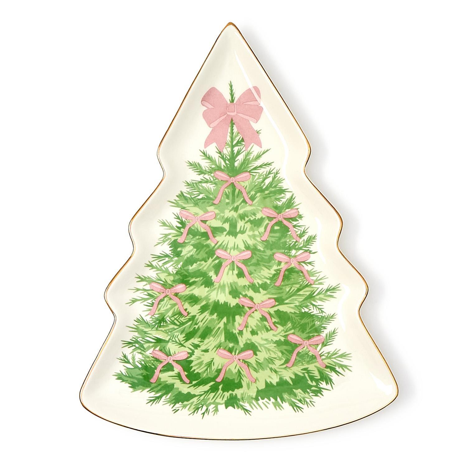 Bow-tiful Trees Christmas Tree Shape Plate with Gold Metallic Rim