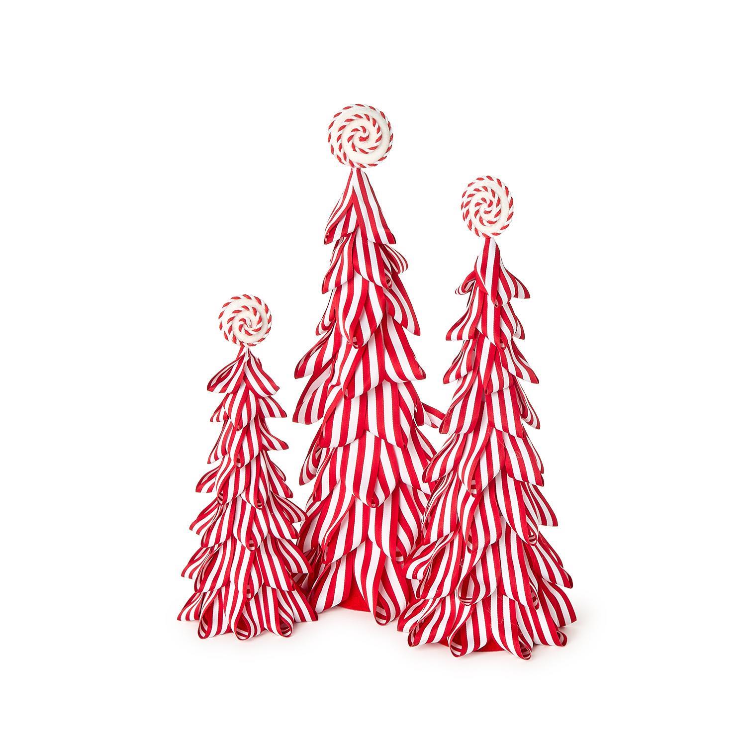 Set of 3 Peppermint Striped Ribbon Trees