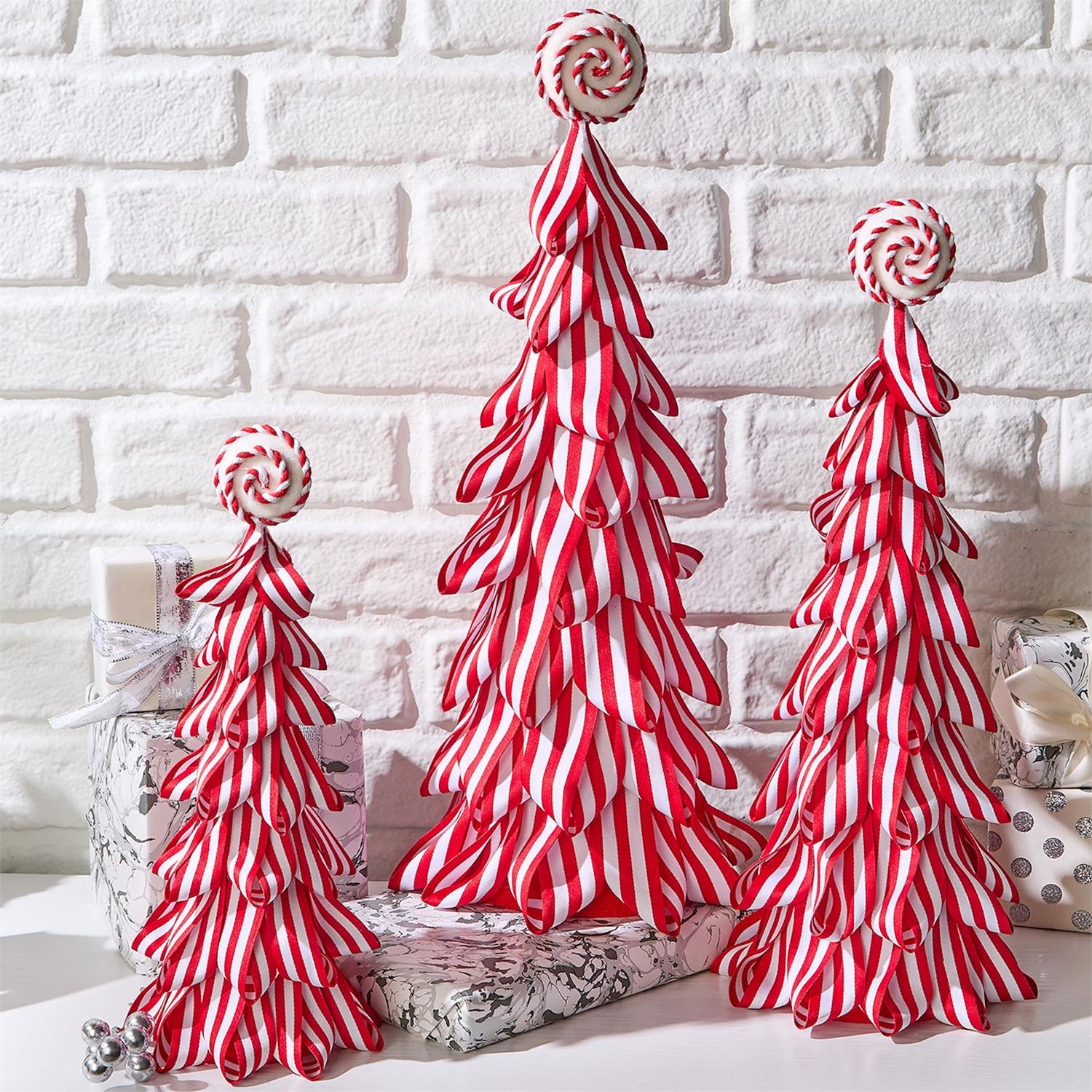 Set of 3 Peppermint Striped Ribbon Trees