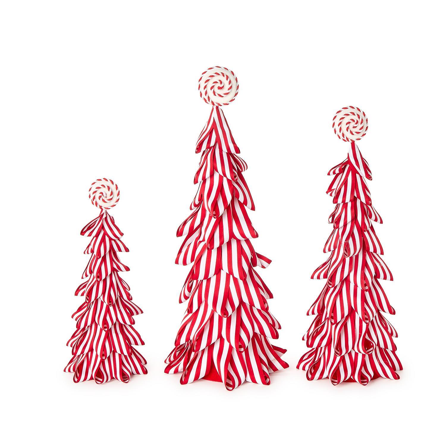 Set of 3 Peppermint Striped Ribbon Trees