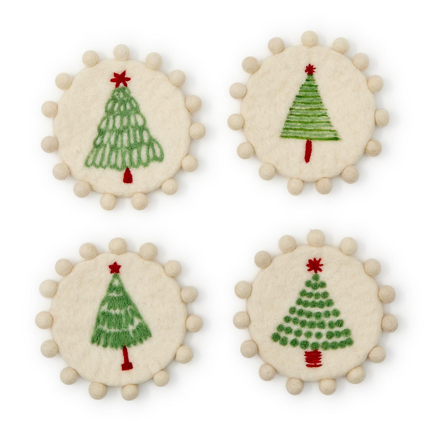 Trees Set of 4 Hand-Crafted Coasters with Pom-Poms Includes 4 Designs