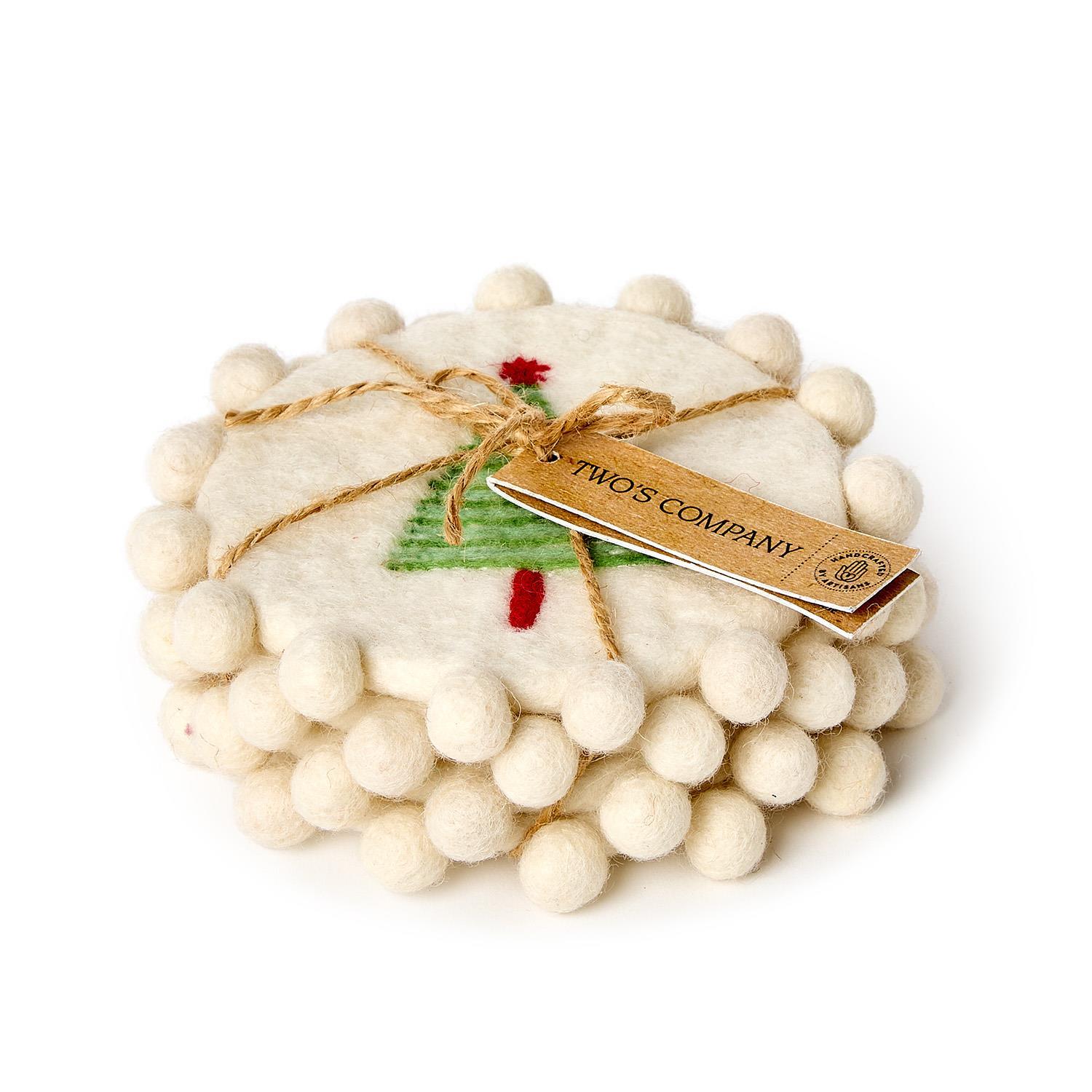 Trees Set of 4 Hand-Crafted Coasters with Pom-Poms Includes 4 Designs
