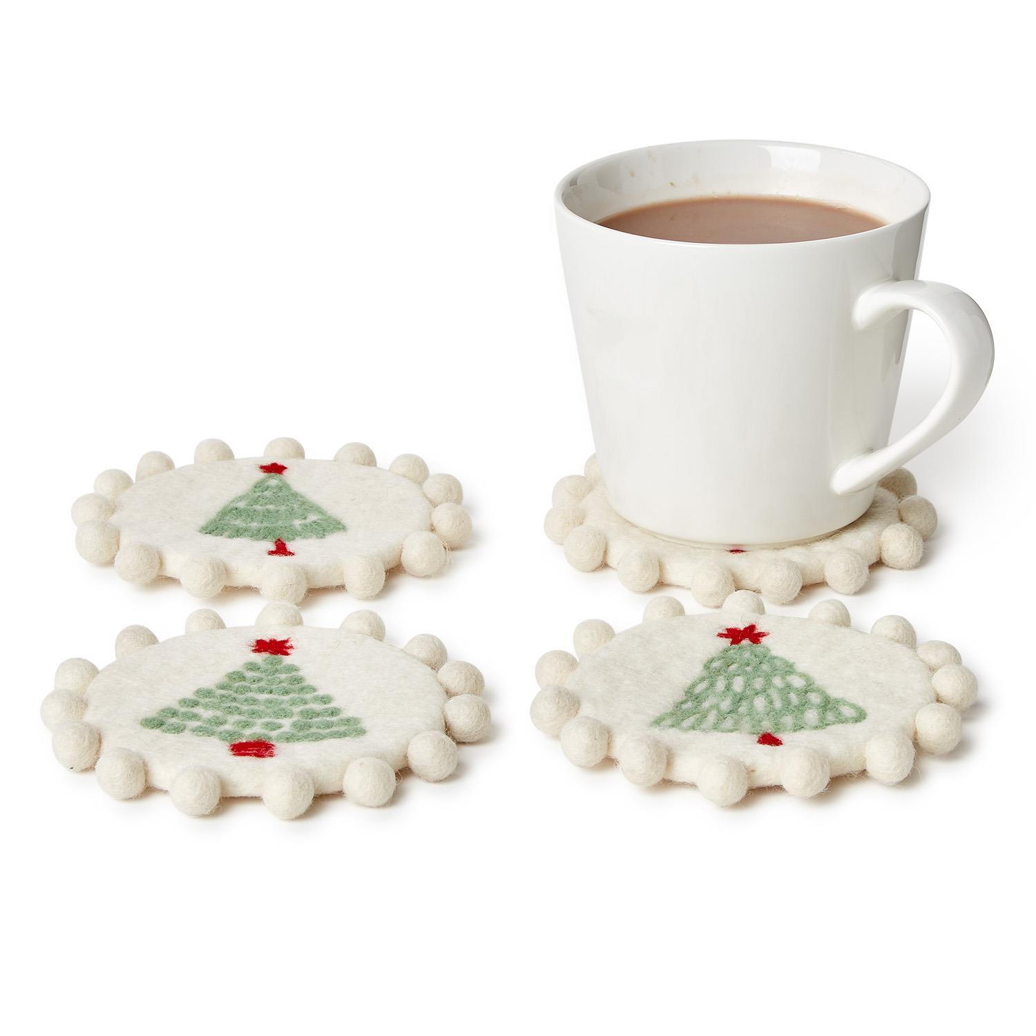 Trees Set of 4 Hand-Crafted Coasters with Pom-Poms Includes 4 Designs