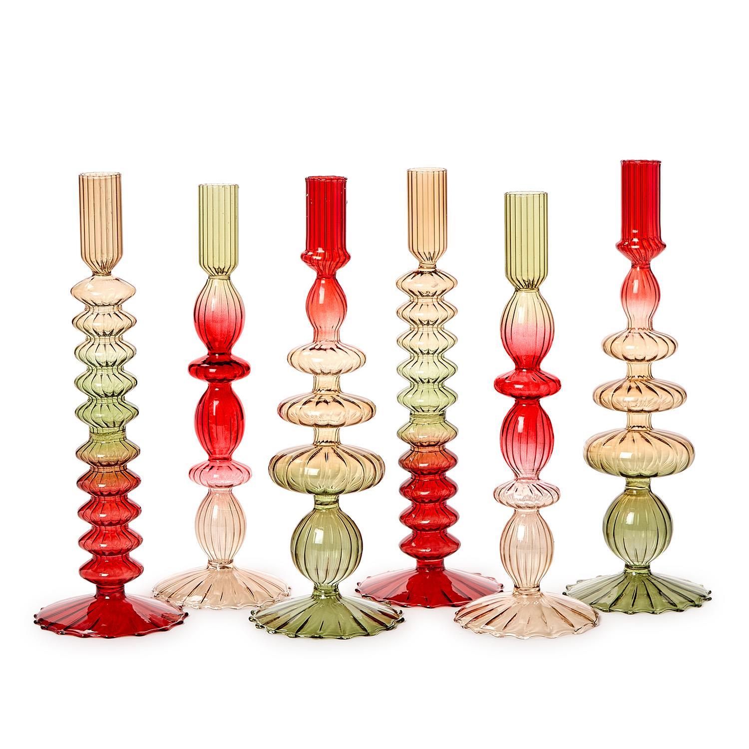 Set of 2 Holiday Ombre Hand-Blown Glass Candlesticks Assorted 3 Shapes ...