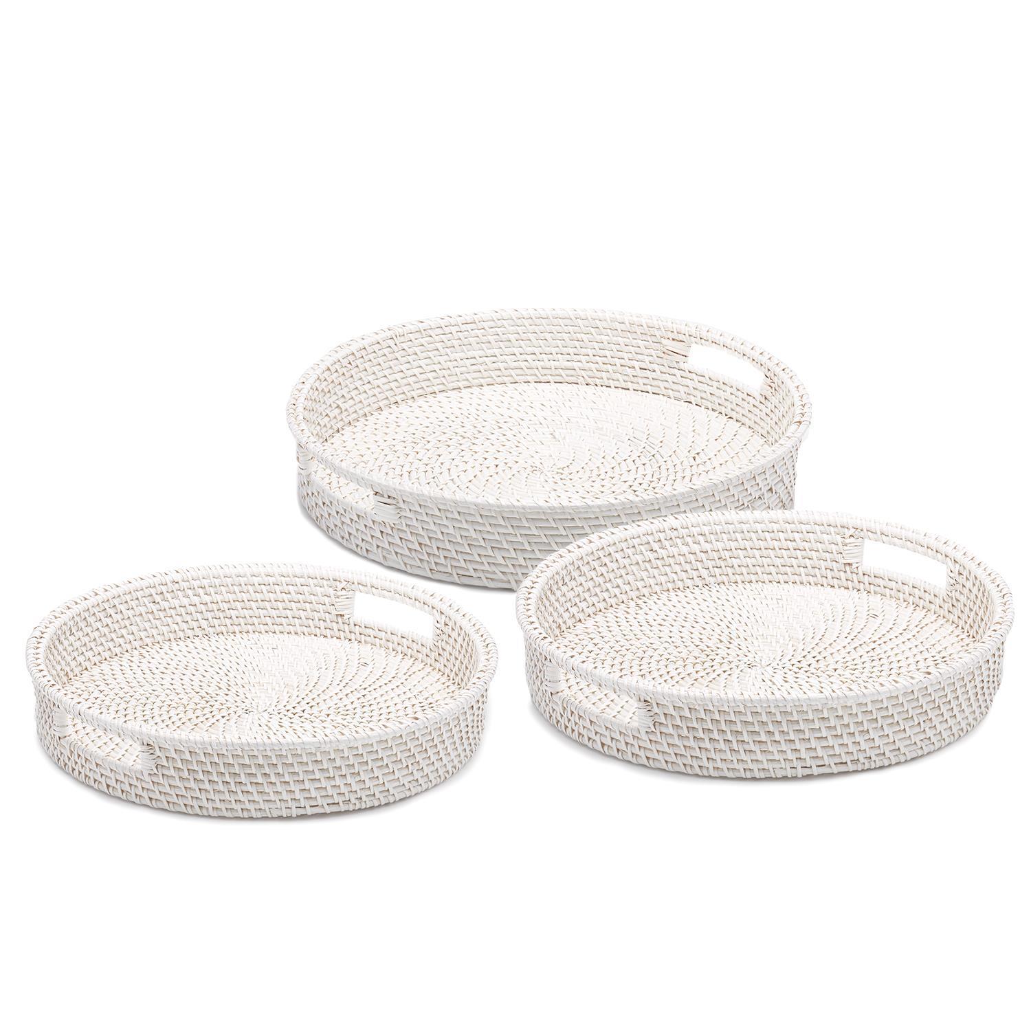 S/3 Artisanal White Rattan Round Serving Trays