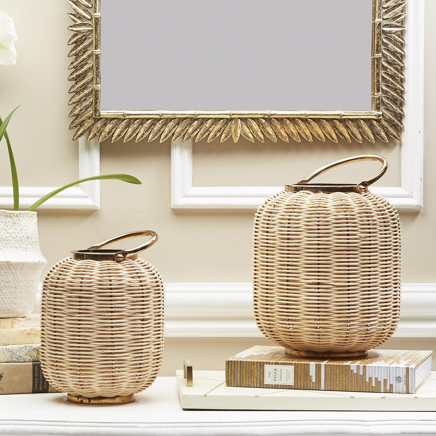 Bali 12 3/4" Woven Cane Lantern with Metal Frame/Handle