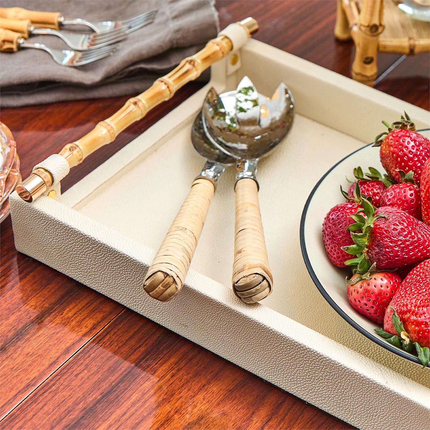 S/2 Cream Decorative Rectangle Tray W Bamboo Handles