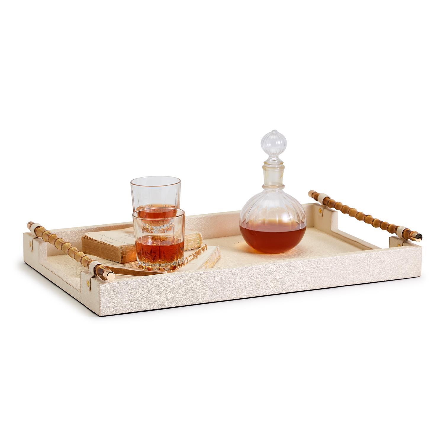 S/2 Cream Decorative Rectangle Tray W Bamboo Handles