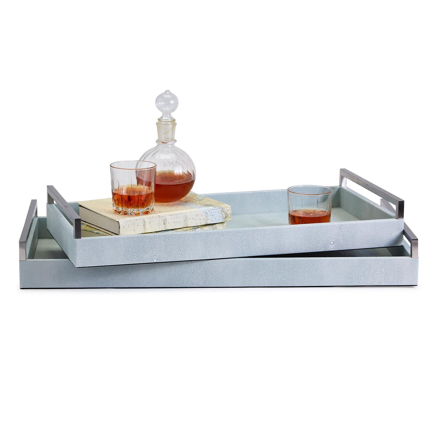 Iced Blue Faux Shagreen S/2 Decorative Tray W Silver Handles