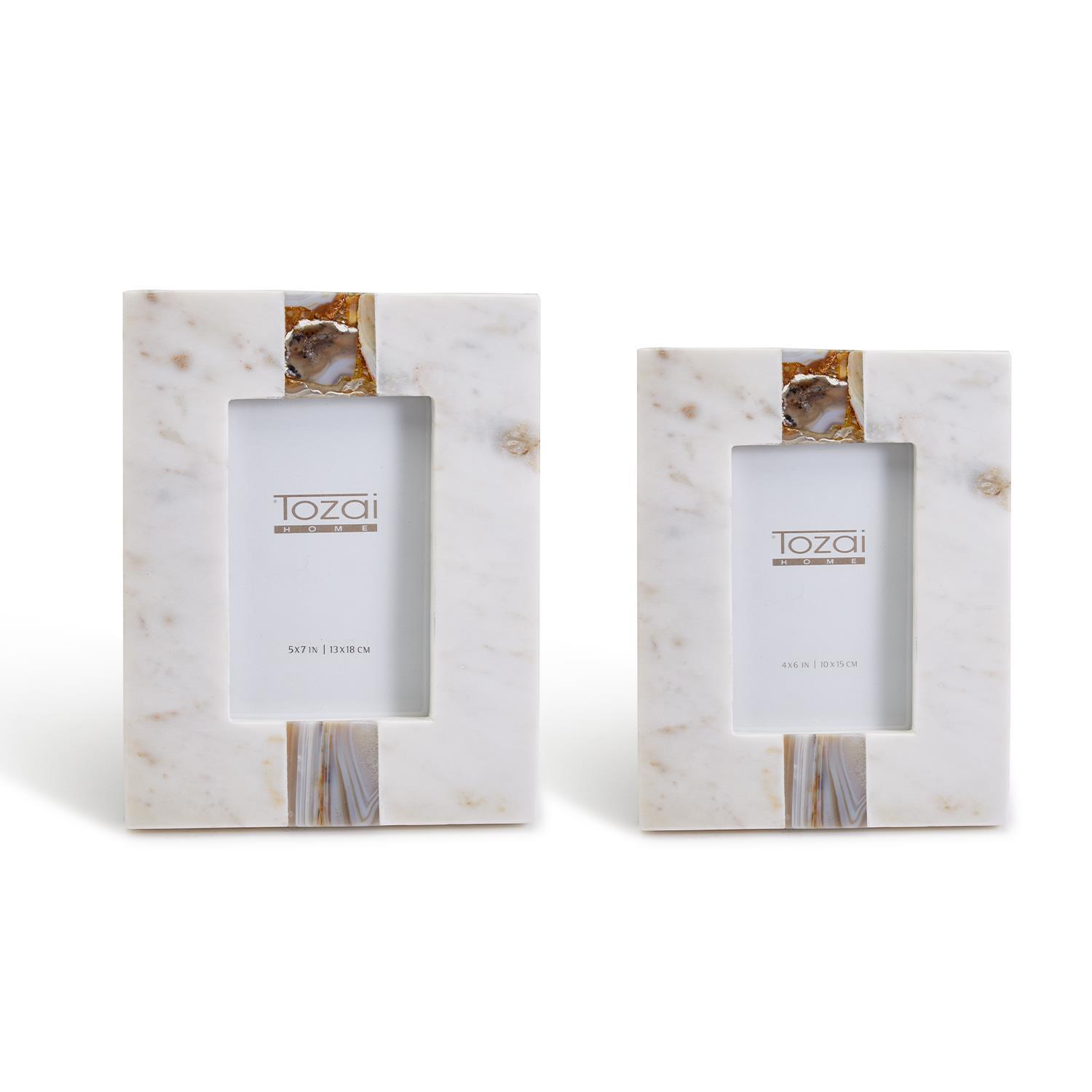 S/2 White Marble W/ Amber Agate Inlay Photo Frame Incl 2 Sizes