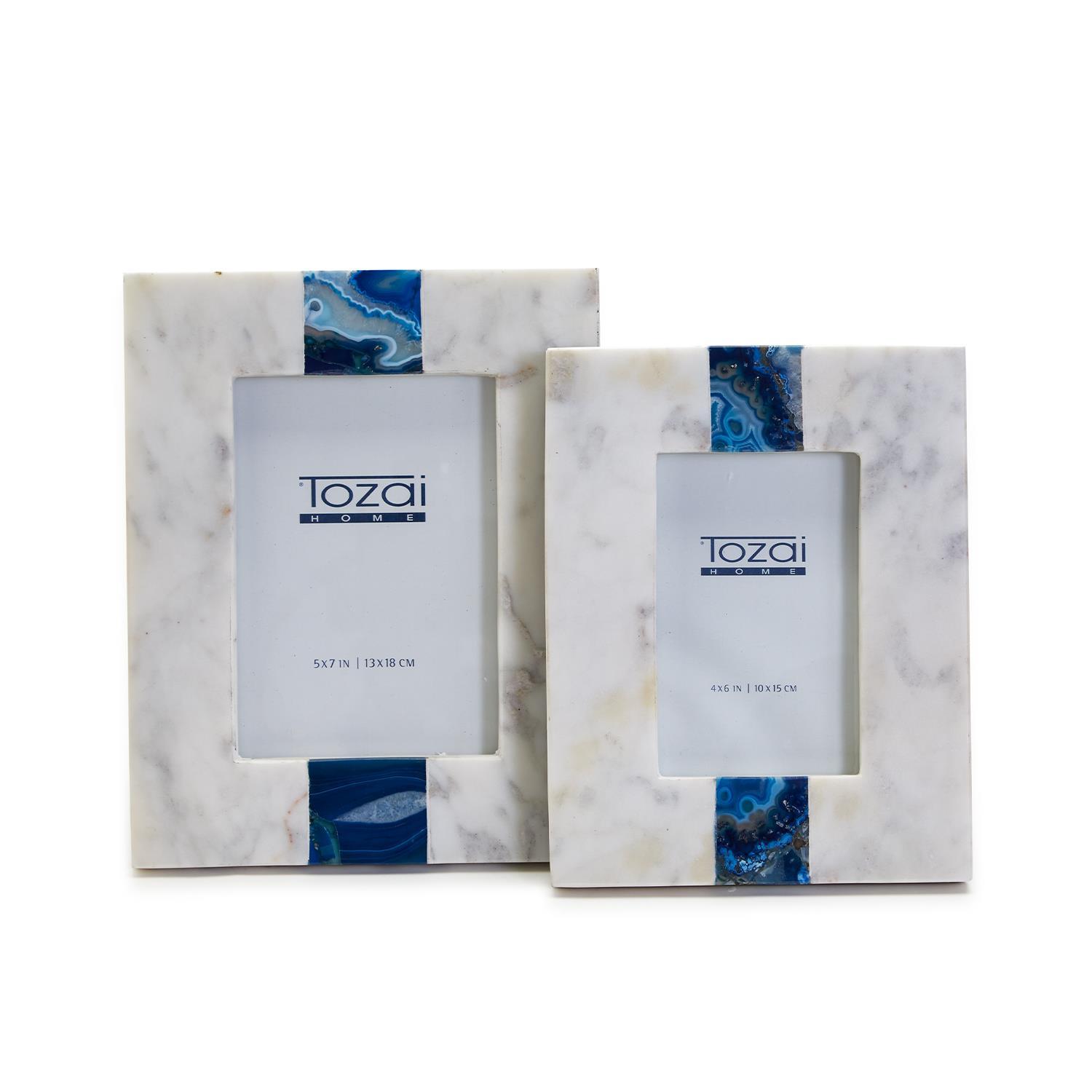 S/2 White Marble W/ Blue Agate Inlay Photo Frame Incl 2 Sizes