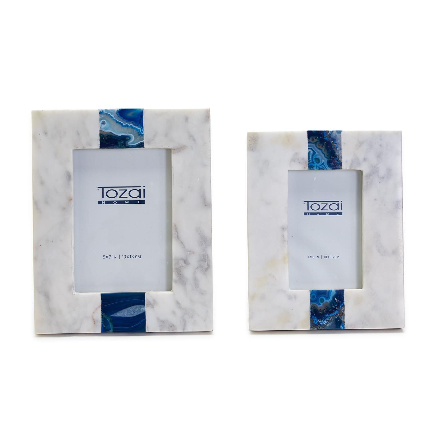 S/2 White Marble W/ Blue Agate Inlay Photo Frame Incl 2 Sizes