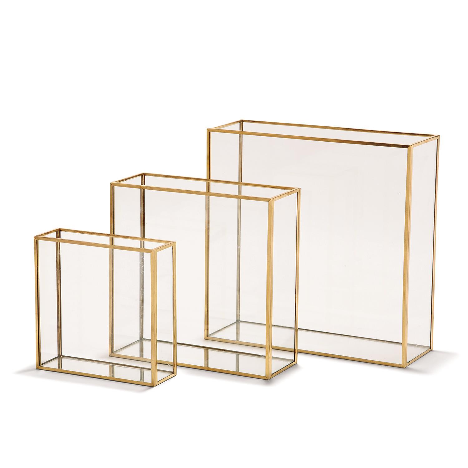 S/3 Windows Square Vase W/Gold Metal Trim in 3 Sizes