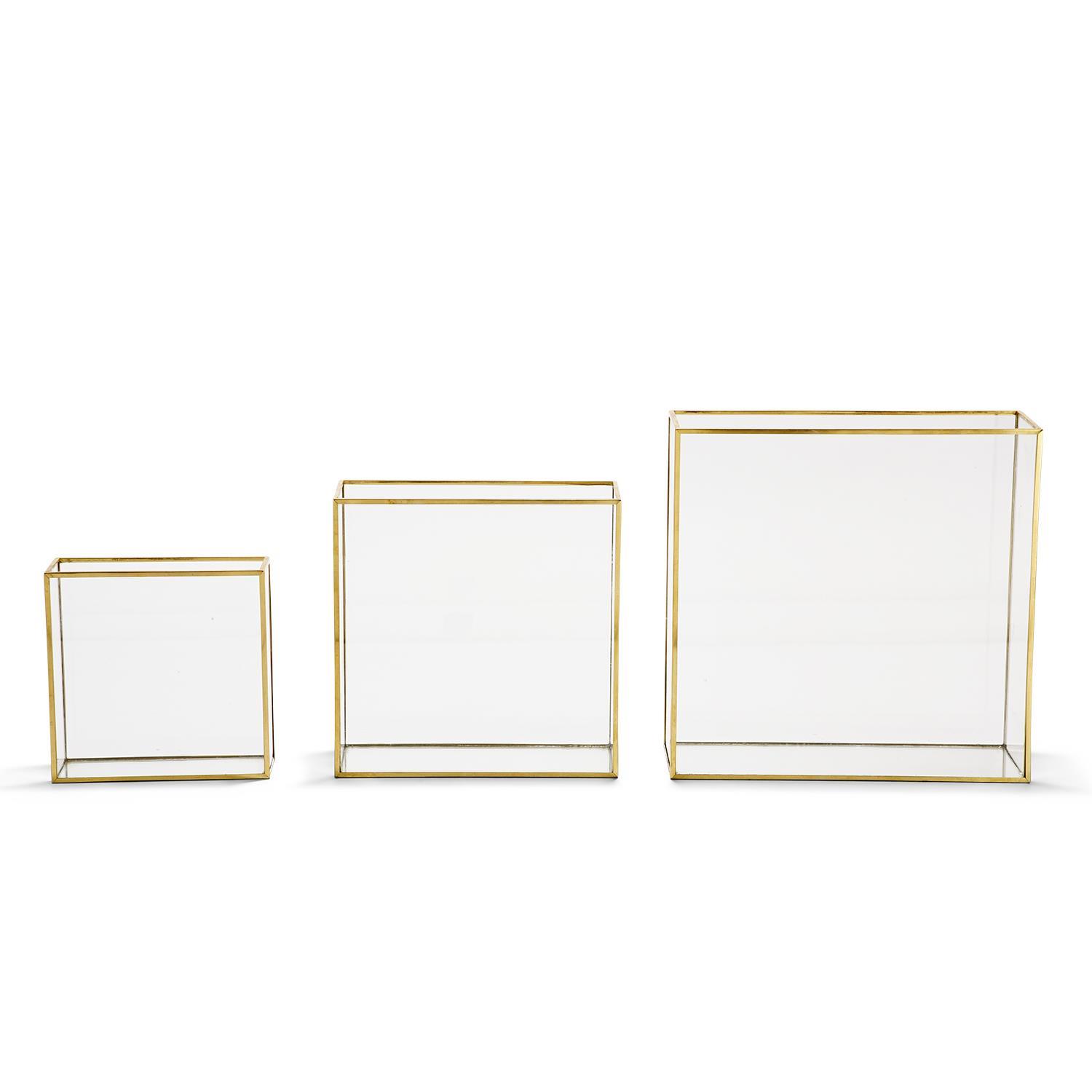 S/3 Windows Square Vase W/Gold Metal Trim in 3 Sizes