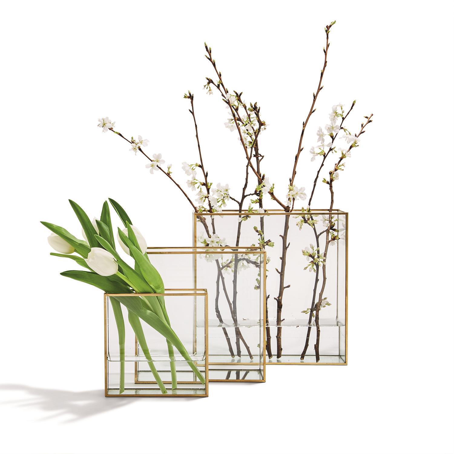 S/3 Windows Square Vase W/Gold Metal Trim in 3 Sizes