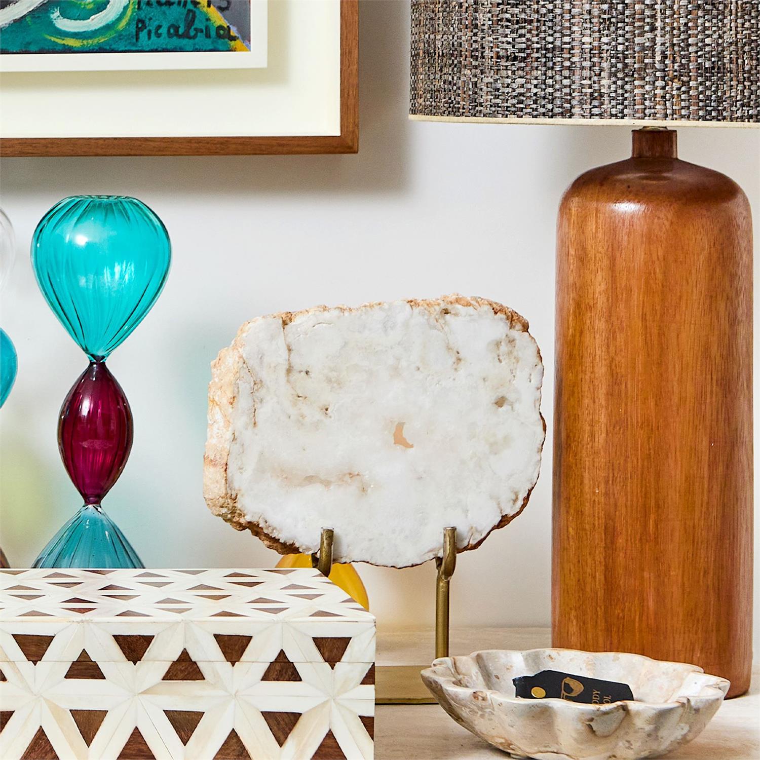 White Quartz Geode Slab on Gold Stand