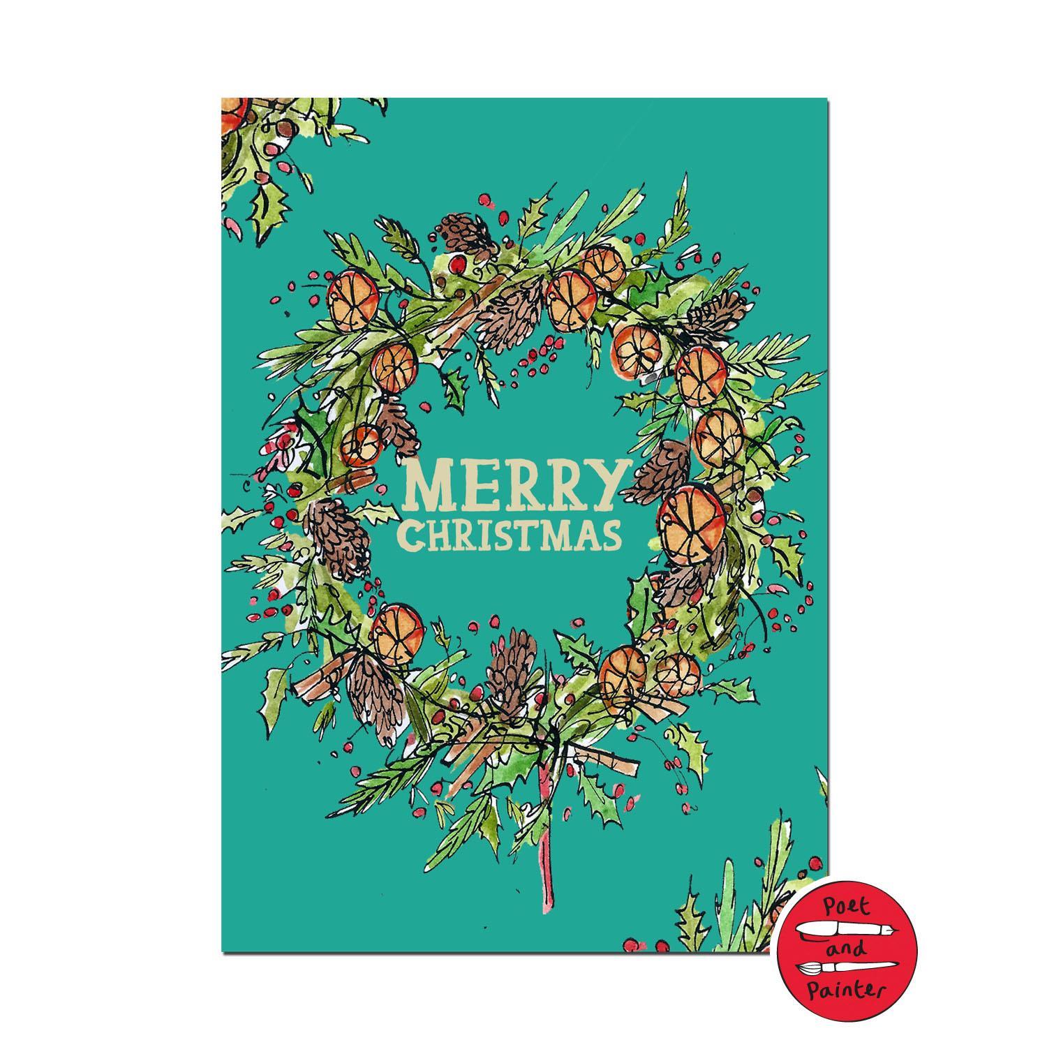 Set of 10 "Merry Christmas" Wreath Holiday Cards