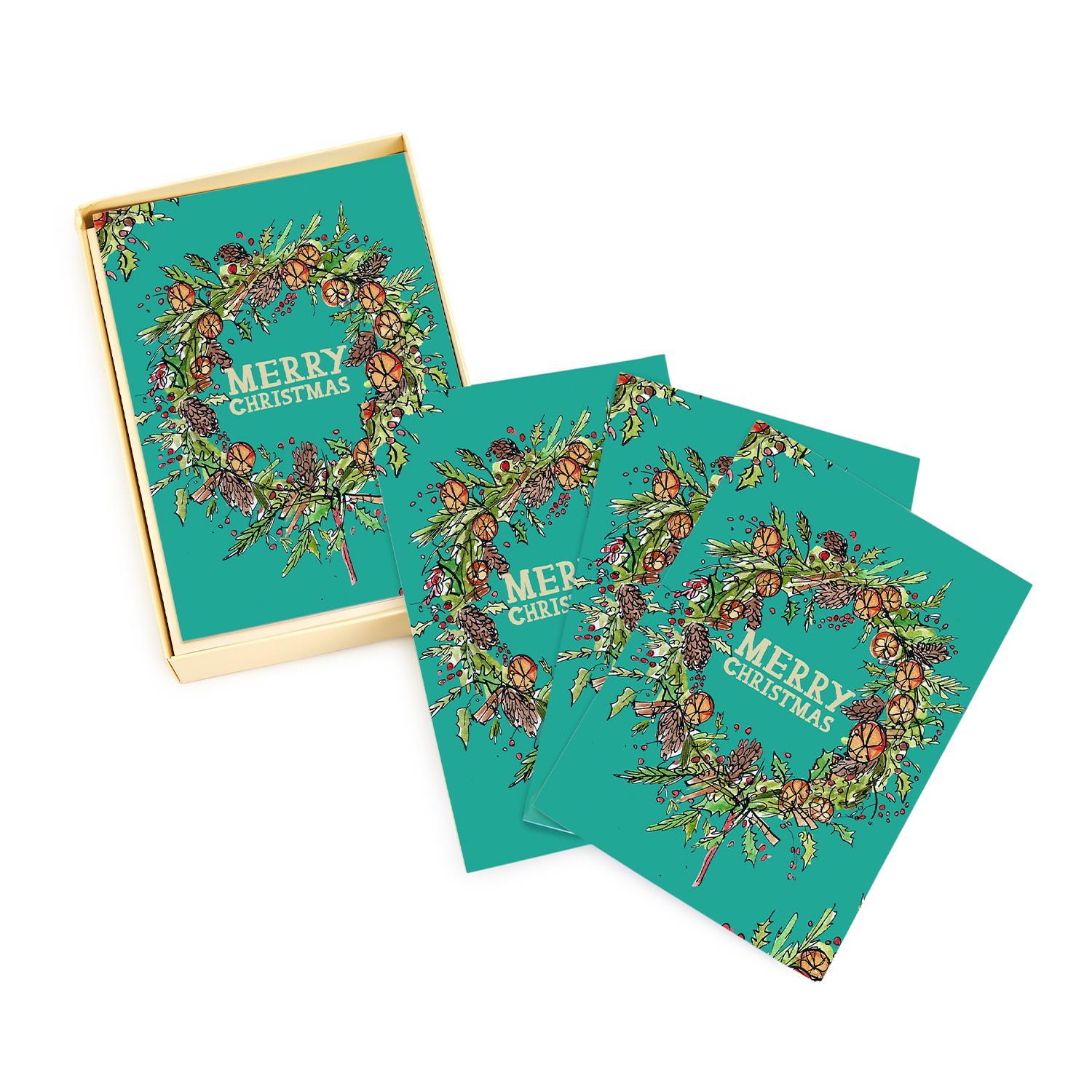 Set of 10 "Merry Christmas" Wreath Holiday Cards