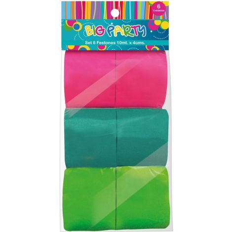 Set 6 Festones Fucsia, Turquesa Y Verde Lima Big Party | EntreKids