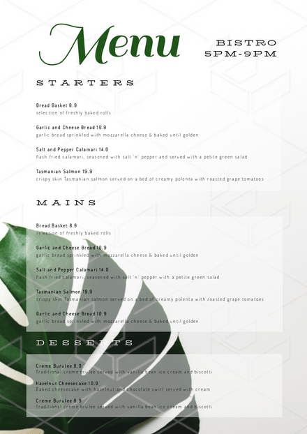 Classic Menu Layout with Tabled Heading Style - Easil