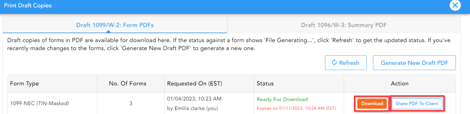 How to download the draft copies of my 1099/W-2 forms?