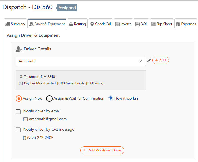 How to assign a driver and truck for a dispatch?
