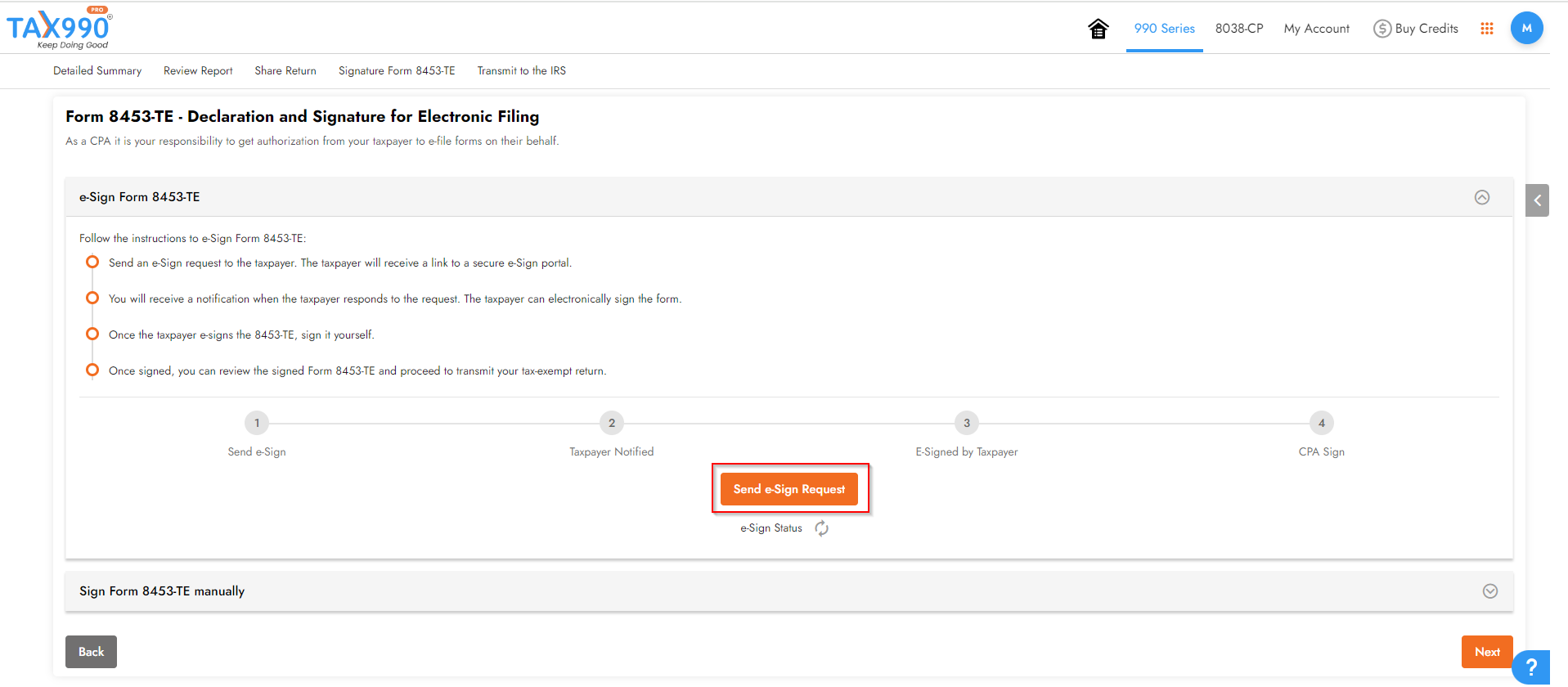 How can I request the Taxpayer to e-sign on Form 8453-TE?