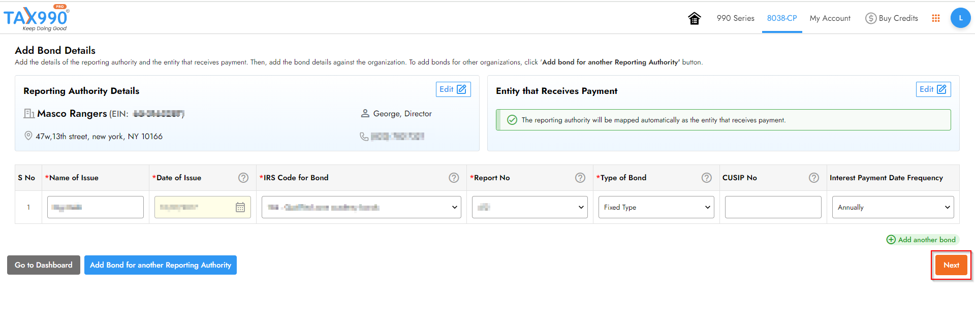 How do I file Form 8038-CP with Tax990?