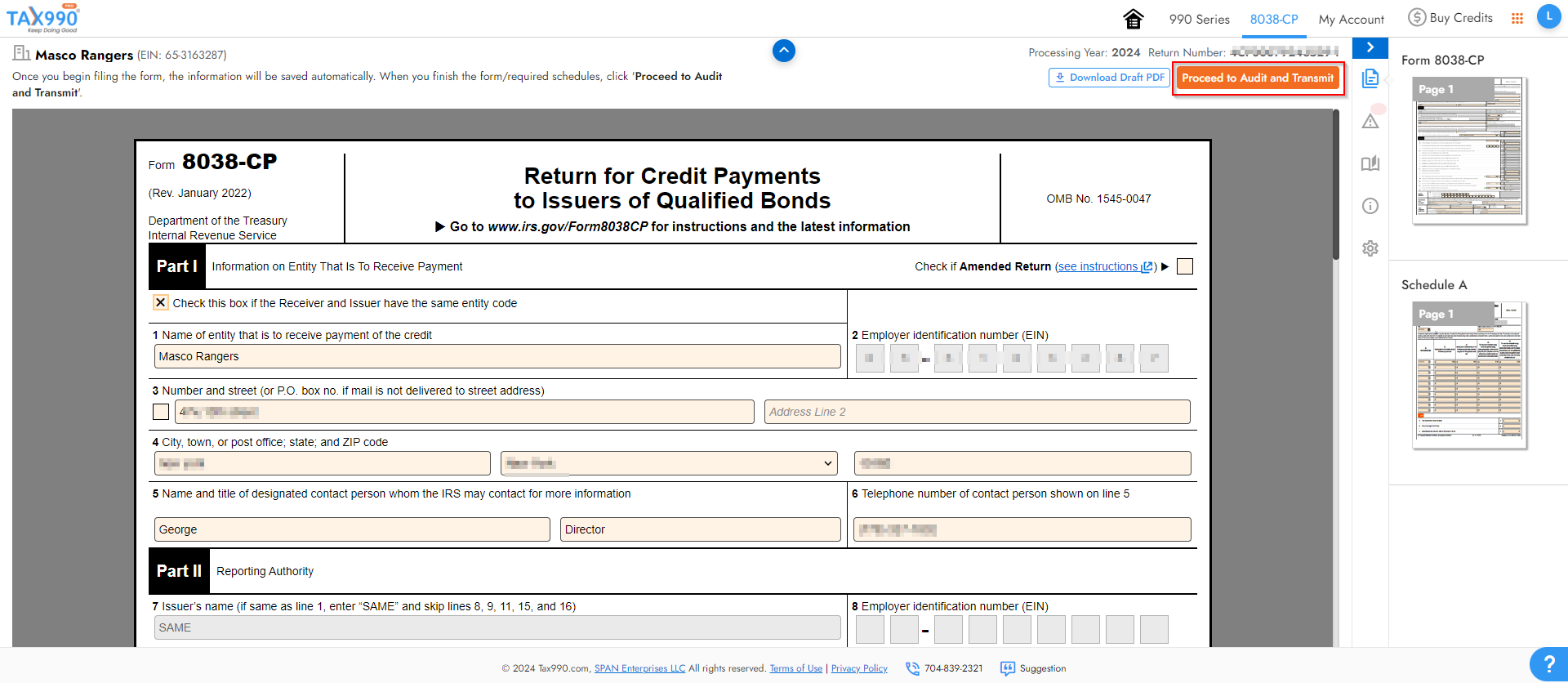 How do I file Form 8038-CP with Tax990?