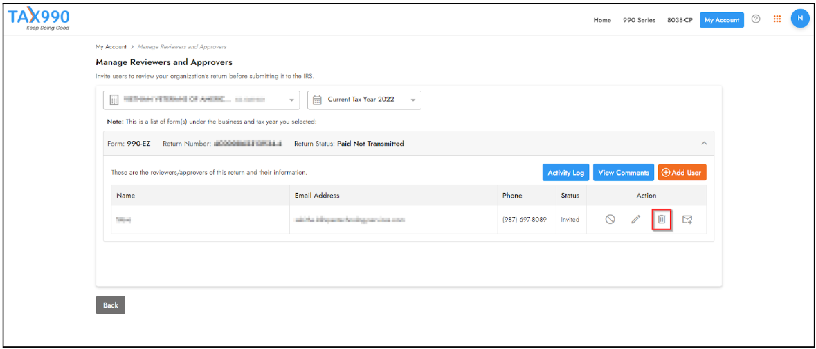 How can I delete a reviewer/approver for a particular return?