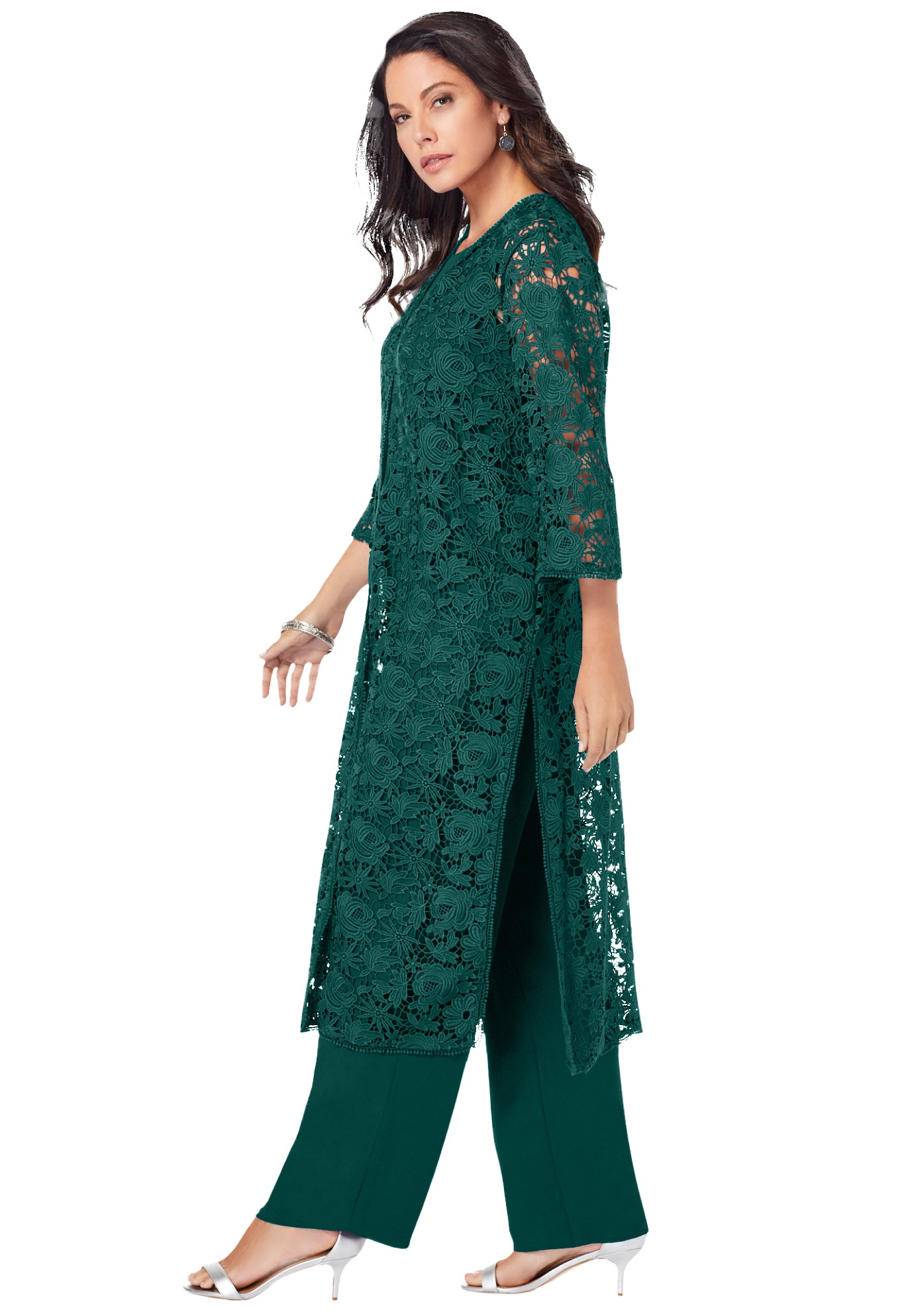 Roaman's Women's Plus Size Three-Piece Lace Duster & Pant Suit Formal ...
