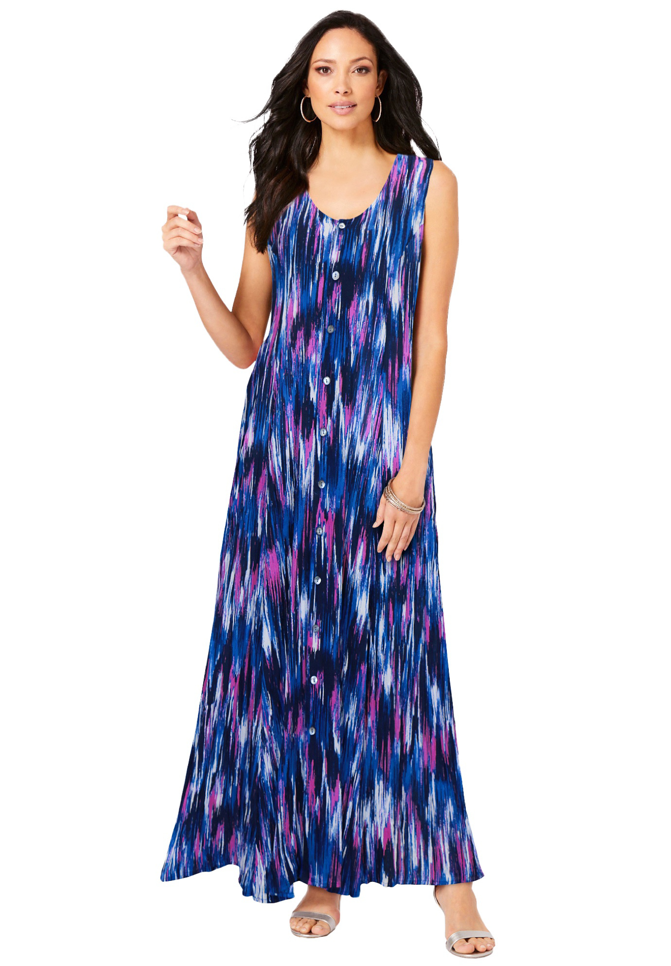 Roaman's Women's Plus Size Petite Button-Front Crinkle Dress With ...