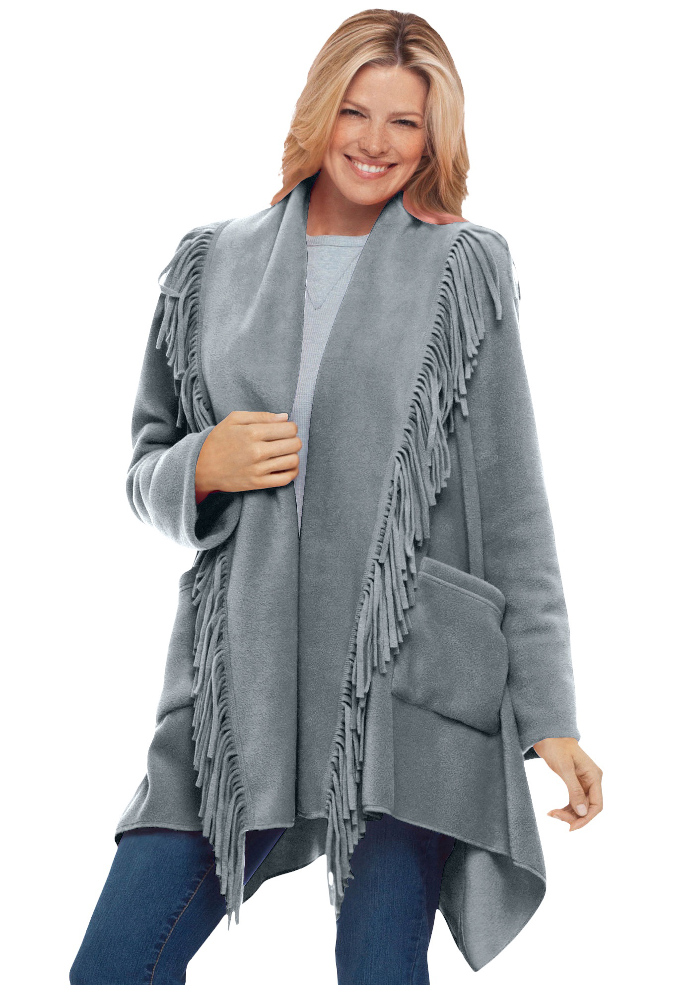 Woman Within Women's Plus Size Fringed Shawl Collar Fleece Jacket | eBay