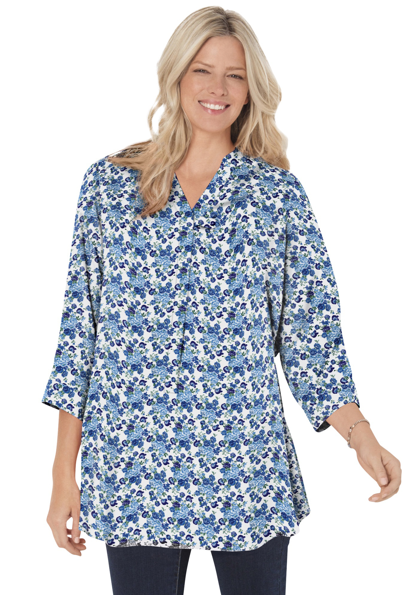 Woman Within Women's Plus Size Three-Quarter Sleeve Tab-Front Tunic | eBay