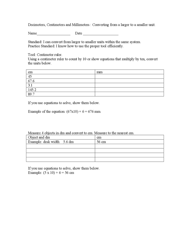 Fourth grade Lesson Conversions: Finding a Decimeter and Conversion to ...
