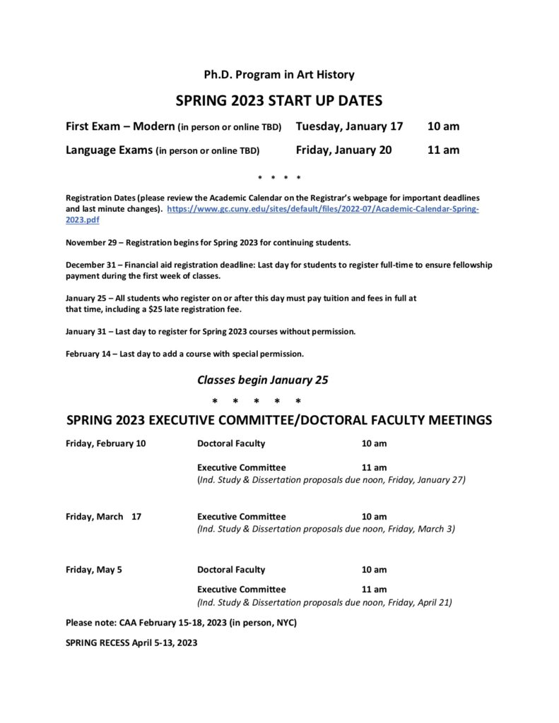Spring 2023 Start Up Dates | Art History Student Resources