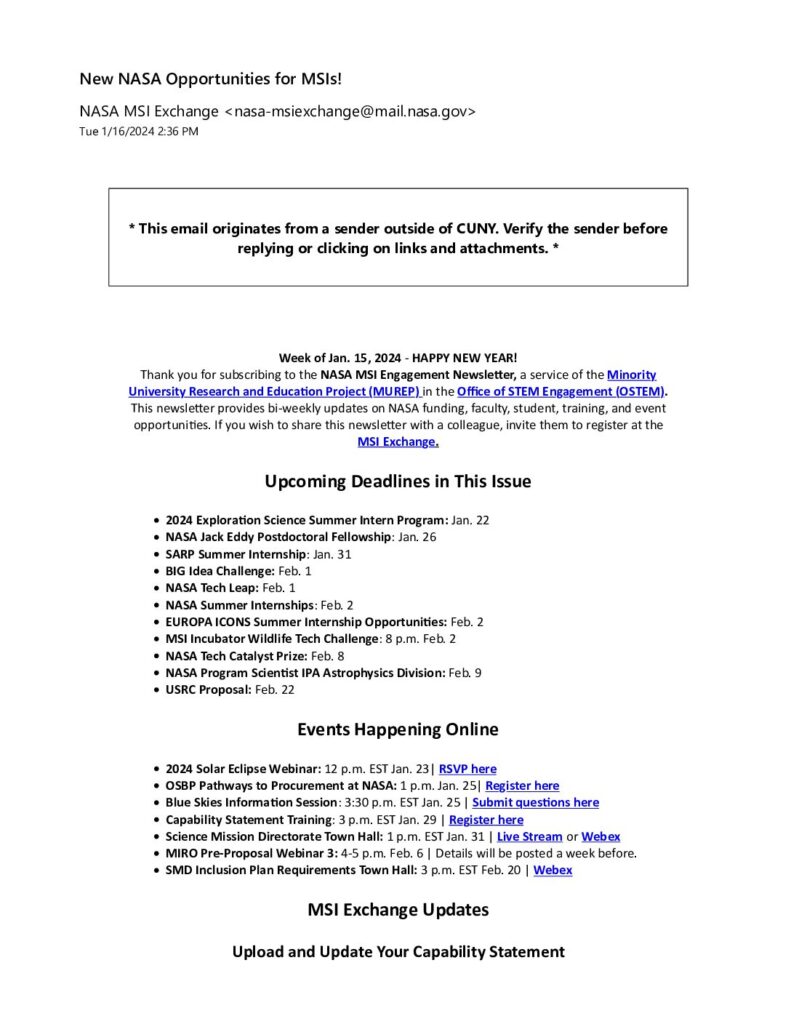 NASA MSI Engagement Newsletter – Research at CUNY Queens College