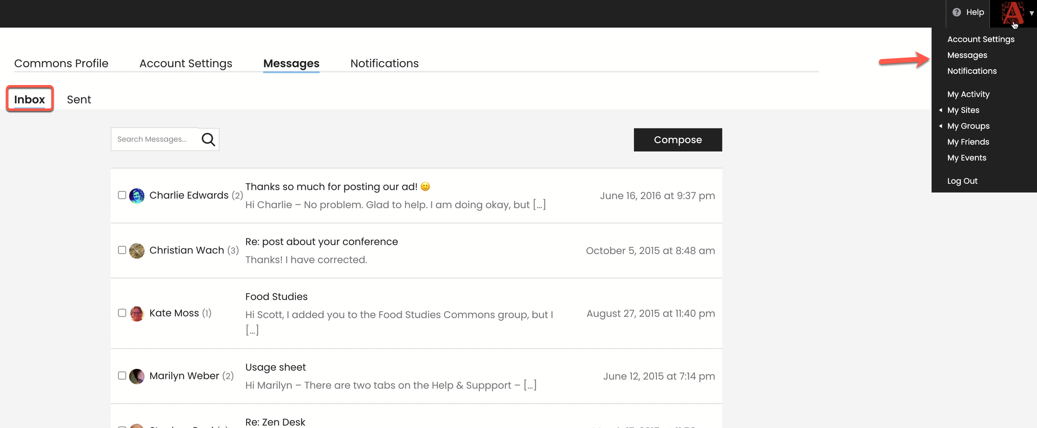 Messages inbox - Help & Support