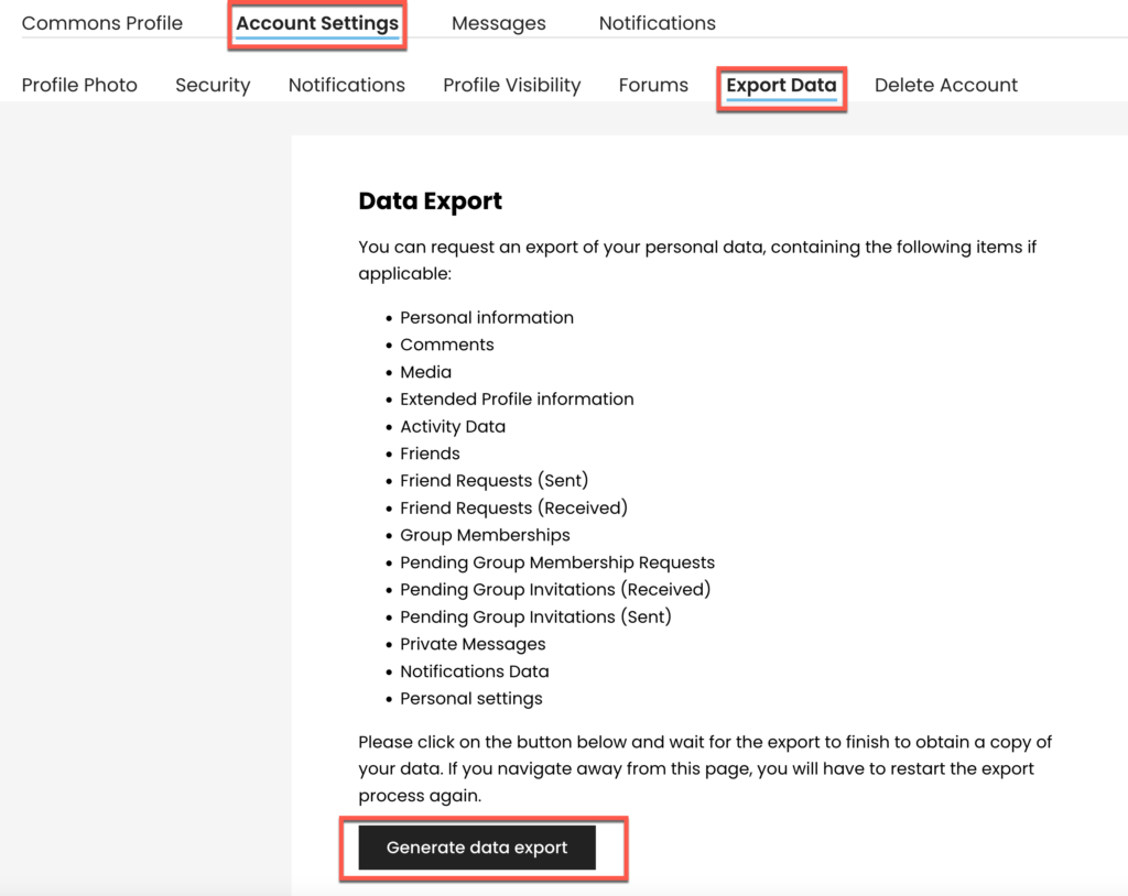Export Personal Data - Help & Support