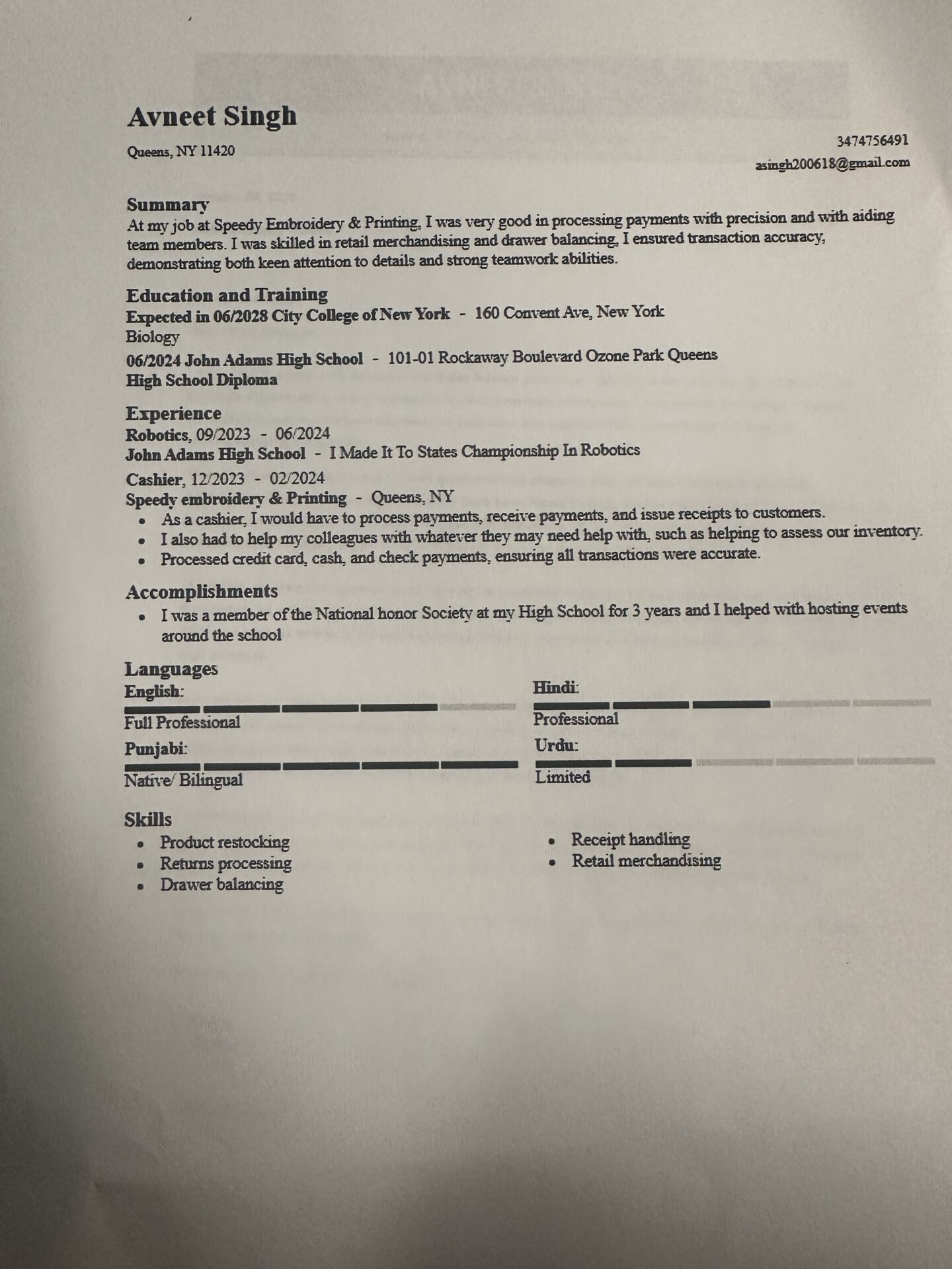 Resume First Draft – Writing for the Sciences' Portfolio