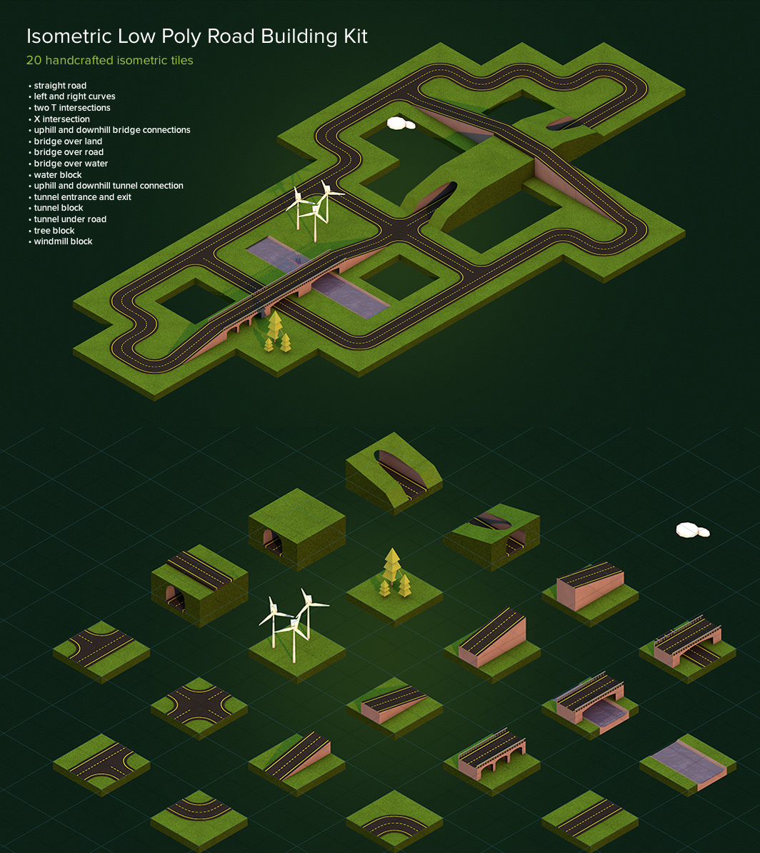 Isometric Low Poly Road Building Kit ~ Graphics on Creative Market