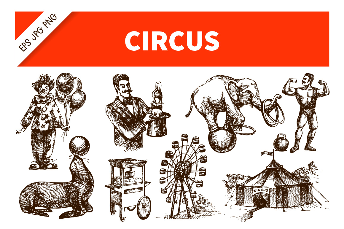 Hand Drawn Sketch Vintage Circus Set ~ Illustrations on Creative Market