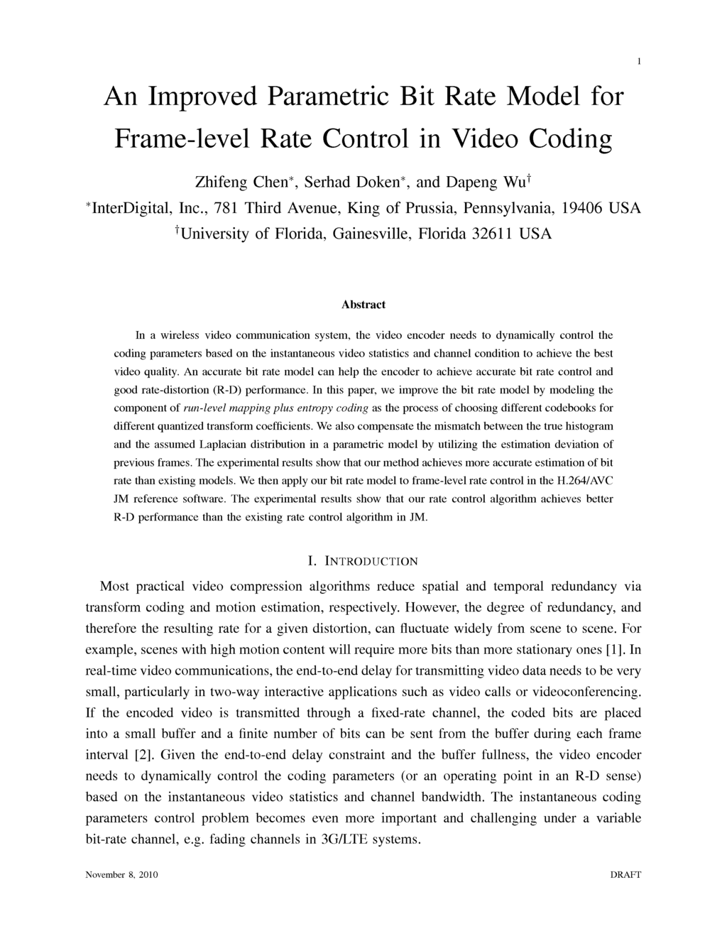 An Improved Parametric Bit Rate Model For Frame Level Rate Control In Video Coding