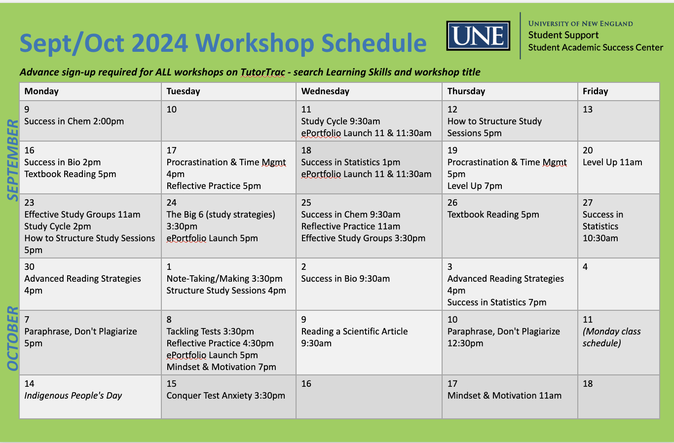 SASC Fall 2024 Workshop Schedule – UNE Portfolio