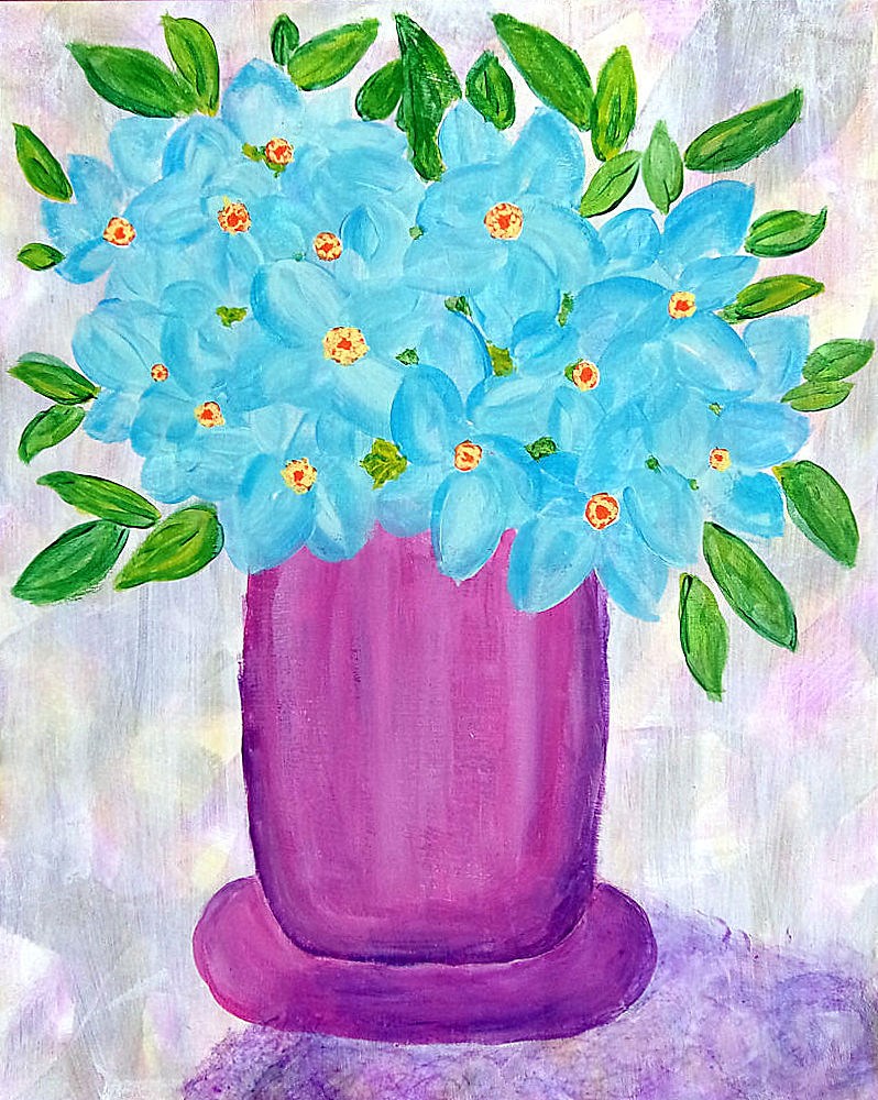 "Magenta Vase with Aqua Flowers" by Jan Burch
